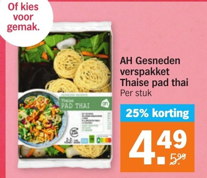Gesneden verspakket thaise pad thai aanbieding bij Albert Heijn