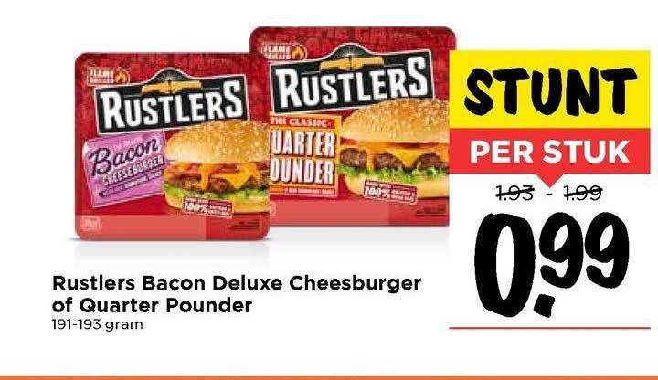 Rustlers Bacon Deluxe Cheesburger Of Quarter Pounder aanbieding bij Vomar