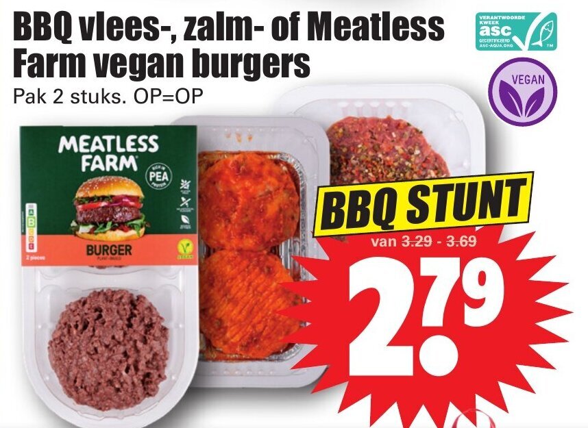 BBQ vlees,-zalm- of meatless farm vegan burgers aanbieding bij Dirk
