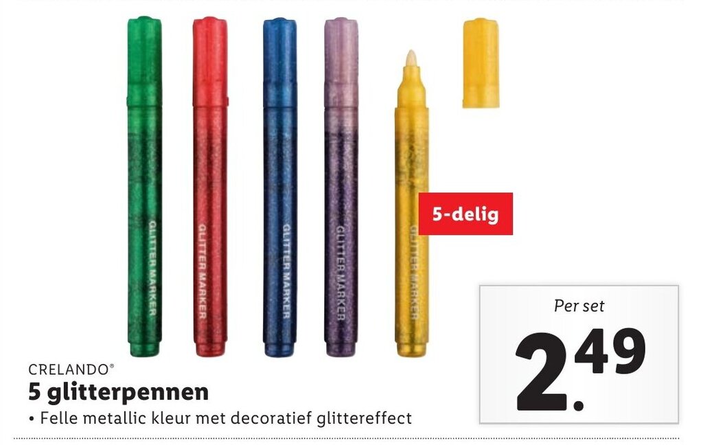 Crelando 5 glitterpennen aanbieding bij Lidl