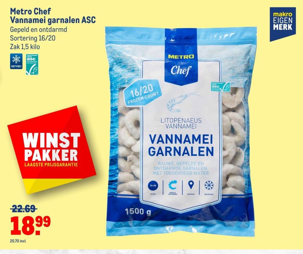 Metro Chef Vannamei garnalen ASC zak 1,5 kilo aanbieding bij Makro