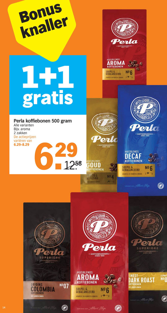Perla Koffiebonen 1+1 gratis aanbieding bij Albert Heijn