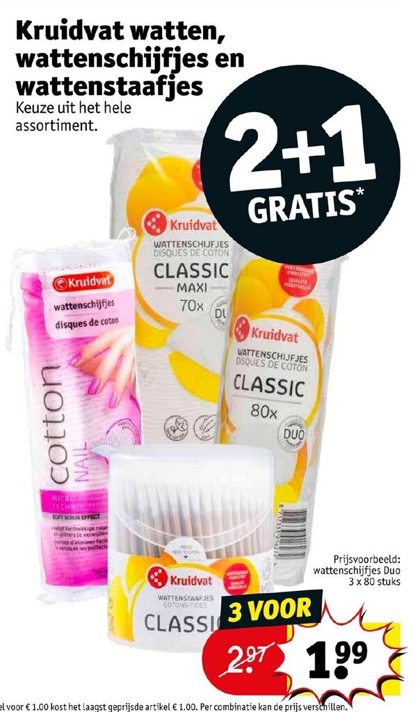 Watten, wattenschijfjes en wattenstaafjes 2+1 Gratis 3 Voor aanbieding ...