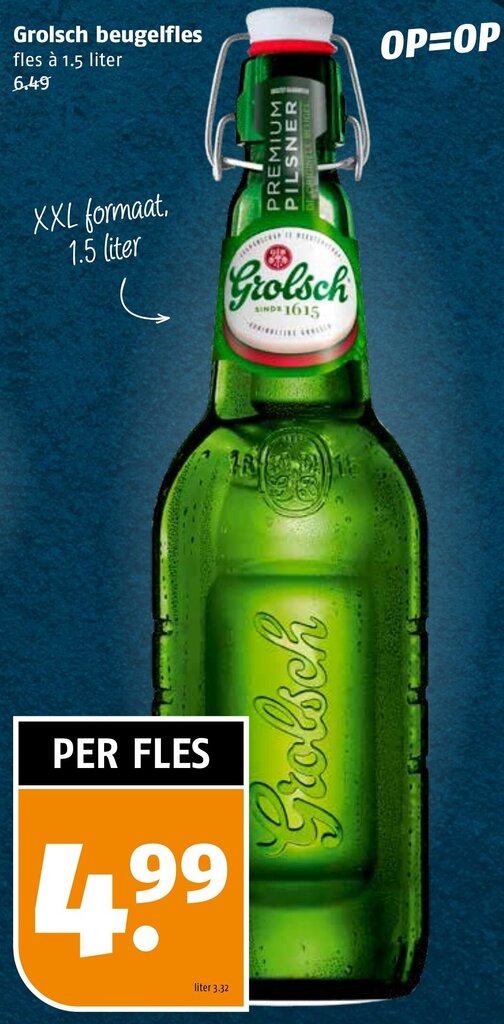 Grolsch beugelfles 1.5 liter aanbieding bij Poiesz