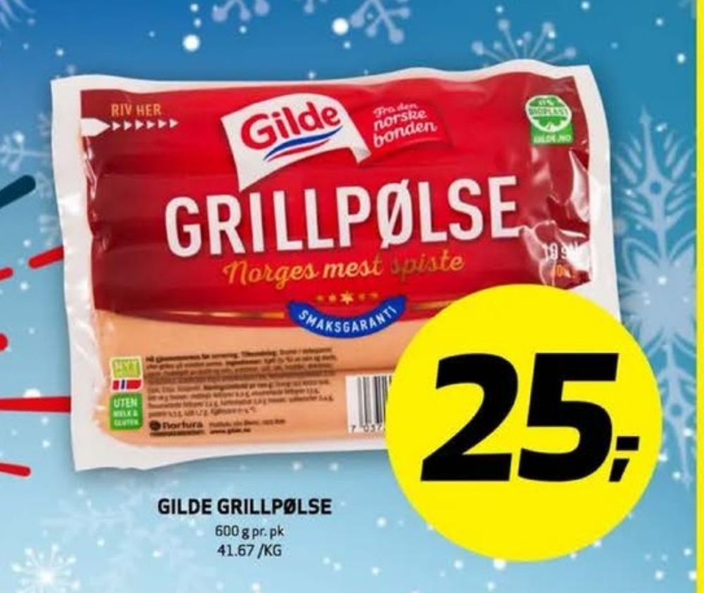Gilde grillpølser tilbud hos Bunnpris