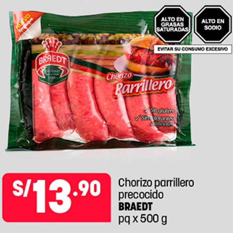 Chorizo Parrillero Precocido Braedt 500g oferta en Plaza Vea