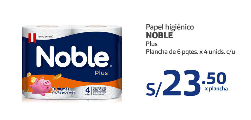 Papel Higiénico Noble Plus Plancha de 6 pqtes x 4 unids oferta en Plaza Vea