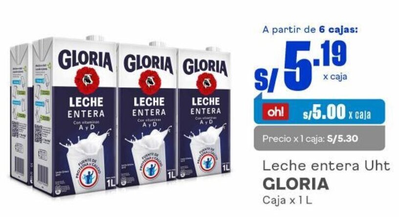 Leche entera Uht GLORIA Caja x 1 L oferta en Makro