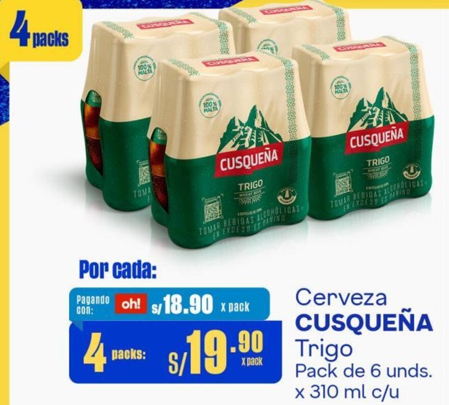 Cerveza CUSQUEÑA Trigo Pack de 6 unds. x 310 ml c/u oferta en Makro