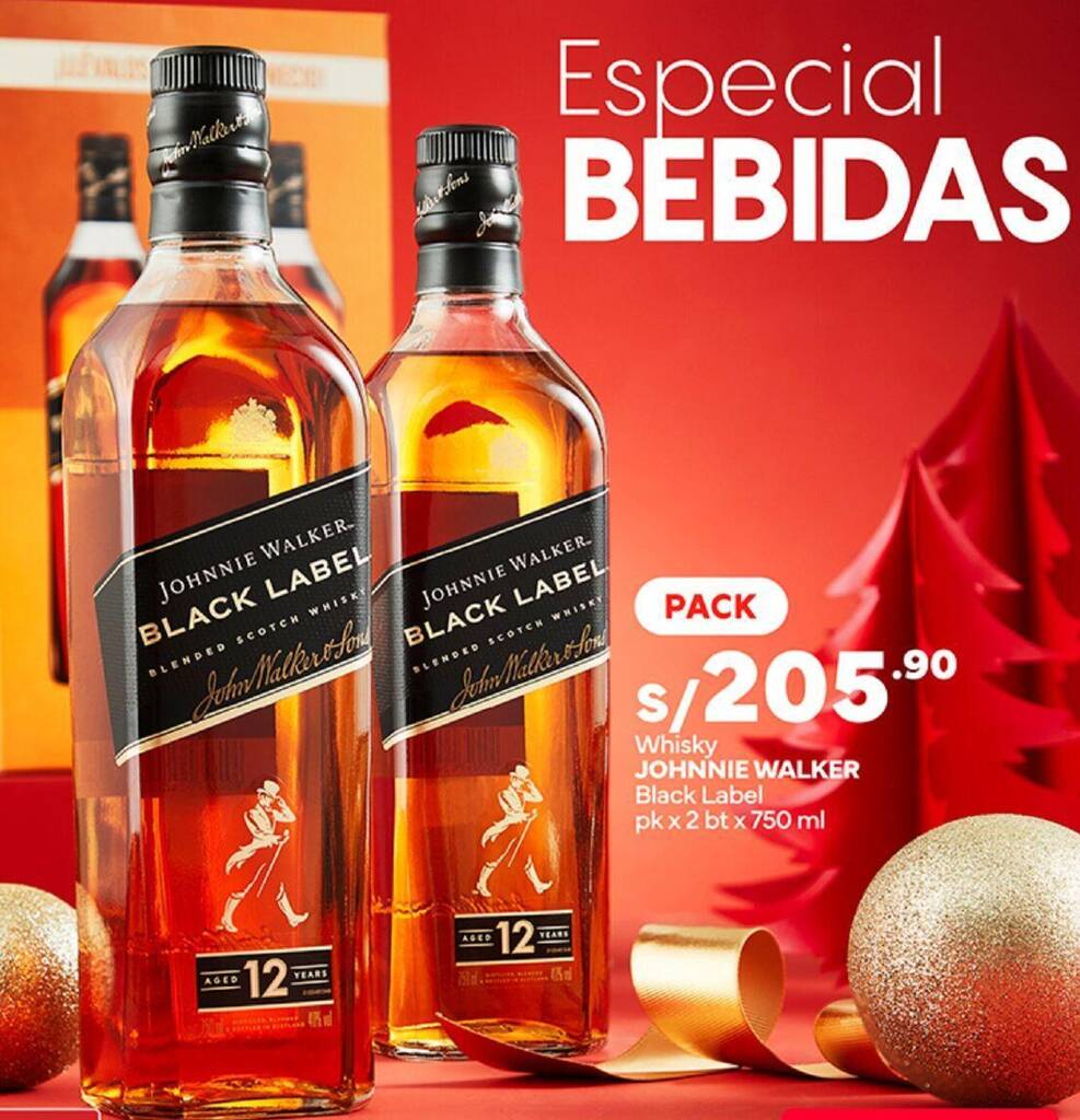 Whisky JOHNNIE WALKER Black Label pk x 2 bt x 750 ml oferta en Plaza Vea