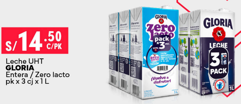 Leche UHT GLORIA Entera / Zero lacto pk x 3 cj x 1L oferta en Plaza Vea