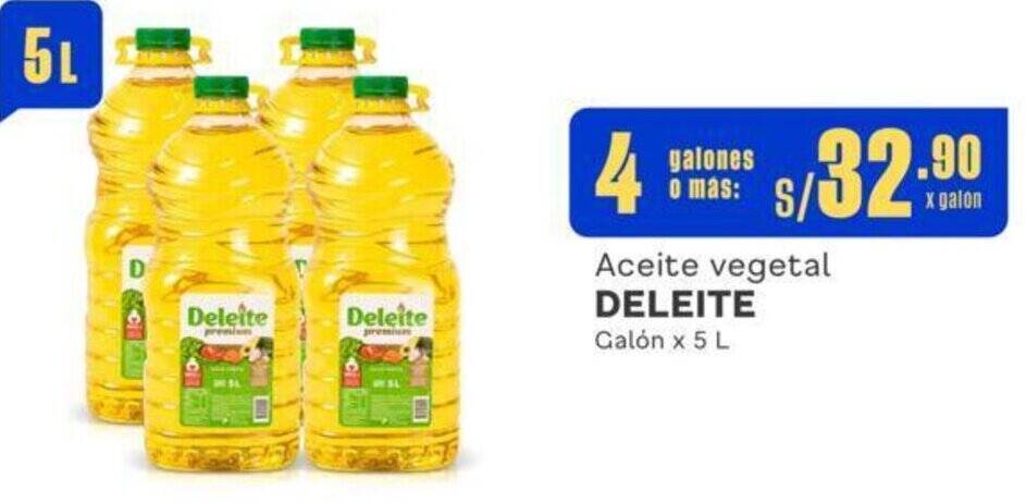 Aceite vegetal DELEITE Galón x 5L oferta en Makro