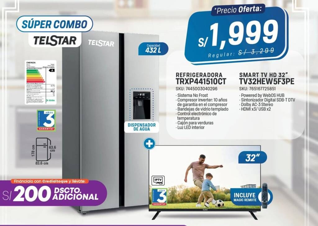 Telstar refrigeradora TRXP441510CT + smart tv HD 32" TV32HEW5F3PE ...