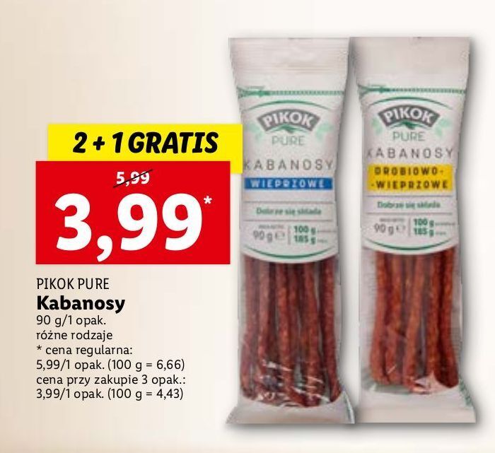 Promocja Kabanosy drobiowo-wieprzowe pikok pure w Lidl