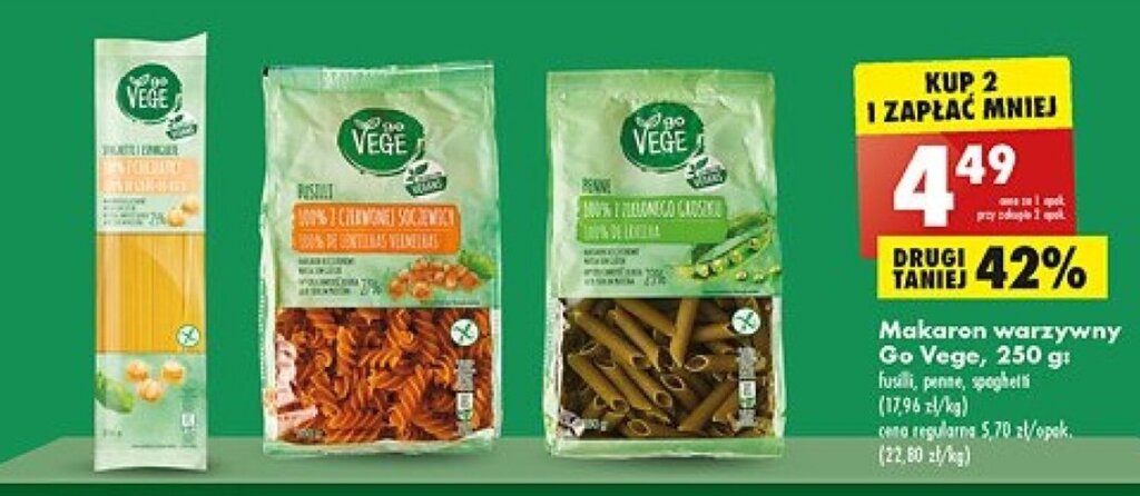 Promocja Go Vege Makaron warzywny, 250g fusili, penne, spaghetti w ...