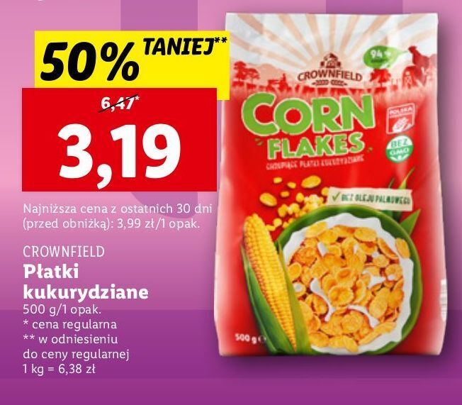 Promocja Płatki kukurydziane crownfield corn flakes w Lidl