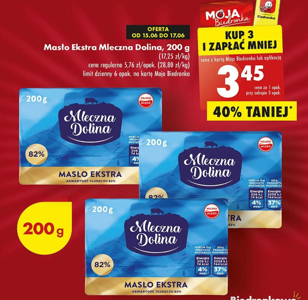 Promocja Masło Ekstra Mleczna Dolina, 200 g w Biedronka