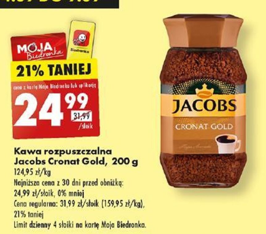 Promocja Kawa rozpuszczalna Jacobs Cronat Gold 200 g w Biedronka