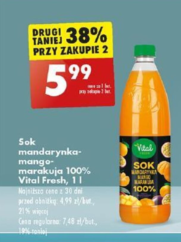 Promocja Sok mandarynka-mango-marakuja 100% Vital Fresh, 1 l w Biedronka