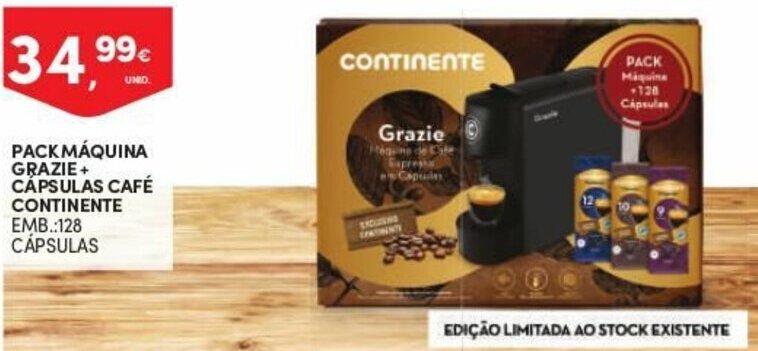 Promoção Pack Máquina Grazie + Cápsulas Café Continente 128 Cápsulas em ...