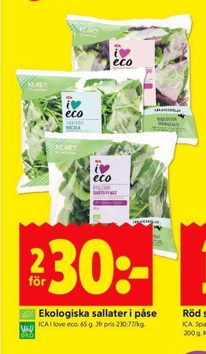 Ekologiska sallater i påse 2 x 65 g erbjudande hos ICA Kvantum