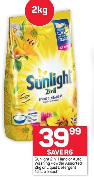 Sunlight 2in1 Hand or Auto Washing Powder Asstd 2kg offer at Pick n Pay ...