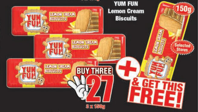 Yum Fun Lemon Cream Biscuits 3x150g offer at Boxer