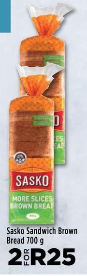 Sasko Sandwich Brown Bread-For 2 x 700g Each offer at Food Lover's Market