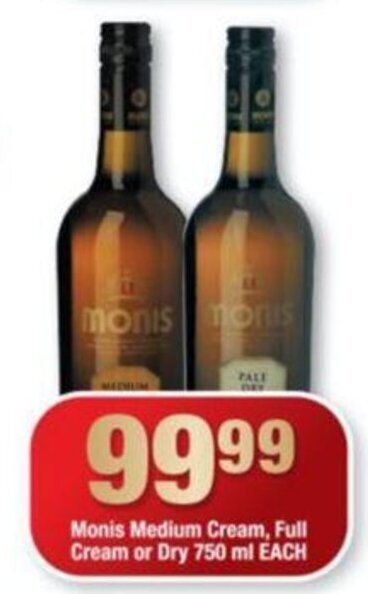 Monis Medium Cream, Full Cream or Dry 750 ml each offer at OK Foods