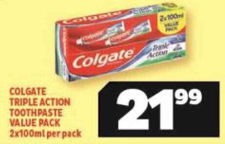 Colgate Triple Action Toothpaste 2 x 100ml offer at Usave