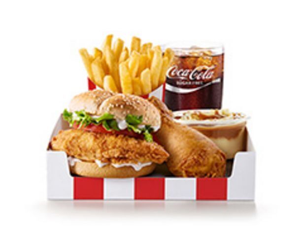 Reg fully loaded box meal with colonel burger and no-sugar soda ...