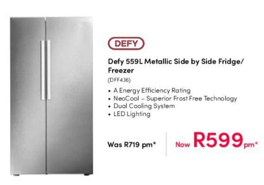 Defy Metallic Side by Side Fridge / Freezer 559L offer at Teljoy