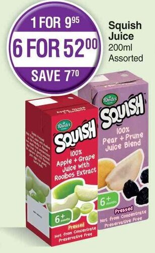 Squish Juice 6 x 200ml Assorted offer at Dis-Chem