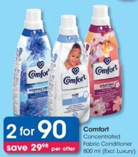 Comfort Concentrated Fabric Conditioner 2 x 800ml offer at Clicks