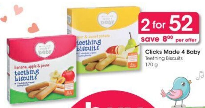 Clicks Made for Baby Teething Biscuits 2 x 170g offer at Clicks