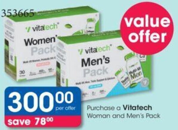 Purchase a Vitatech Woman and Men's Pack offer at Clicks