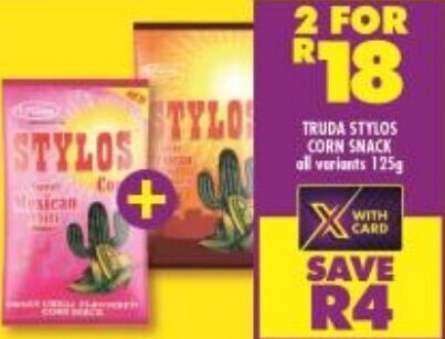Truda Stylos Corn Snack 2x125g offer at Shoprite
