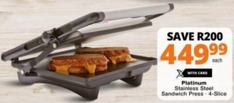 Platinum Stainless Steel Sandwich Press 4-Slice offer at Checkers