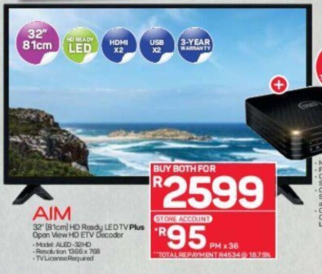AIM - 32" (81cm) HD Ready LED TV plus Open View HD ETV Decoder offer at ...