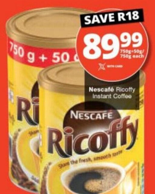 Nescafé Ricoffy Instant Coffee 750g+50g / 750g each offer at Checkers