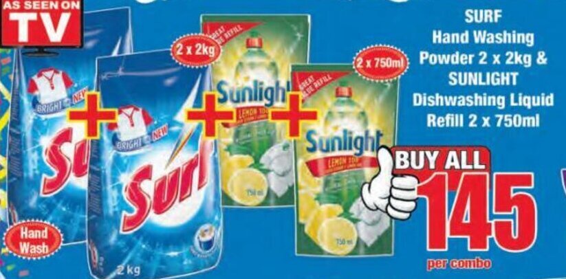 Surf Hand Washing Powder 2 x 2kg & Sunlight Dishwashing Liquid Refill 2 ...