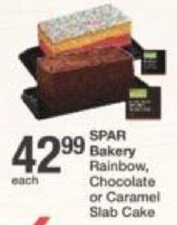 SPAR Bakery Rainbow, Chocolate or Caramel Slab Cake offer at Spar