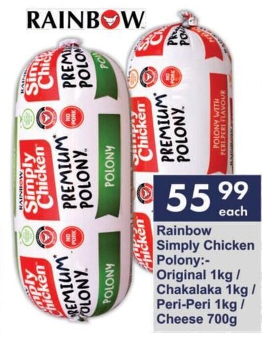 Rainbow Simply Chicken Polony Original 1kg / Chakalaka 1kg / Peri-Peri ...