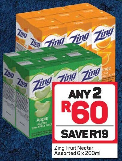 Zing Fruit Nectar Assorted 2 x 6 x 200ml offer at Pick n Pay