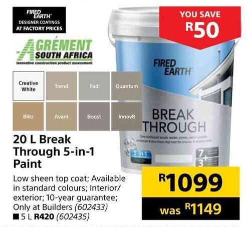 Break Through 5-in-1 Paint 20L offer at Builders Warehouse