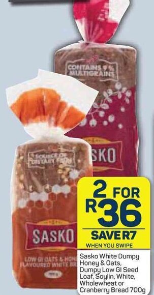 Sasko White Dumpy Honey & Oats, Dumpy Low GI Seed Loaf, Soylin, White ...