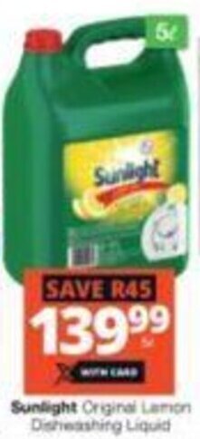 Sunlight Original Lemon Dishwashing Liquid 5L offer at Checkers