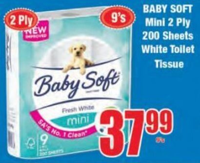 Baby Soft Mini 2 Ply 200 sheets White Toilet Tissue 9's offer at Boxer