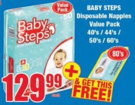 Baby Steps Disposable Nappies Value Pack 40's / 44's / 50's / 60's + 80 ...
