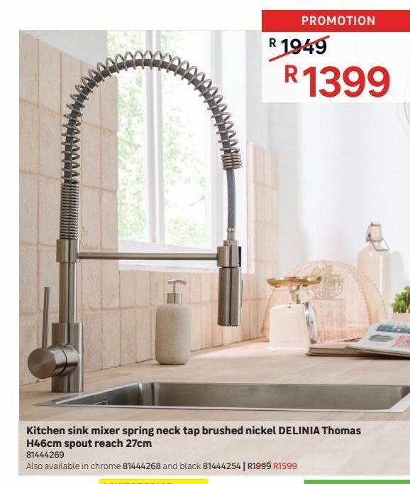Kitchen sink mixer spring neck tap brushed nickel delinia thomas h46cm ...